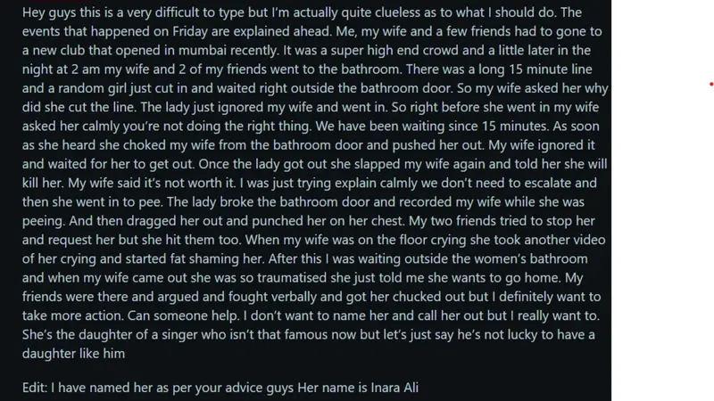 Redditor alleges Lucky Ali's daughter Inara Ali assaulted his wife in ...